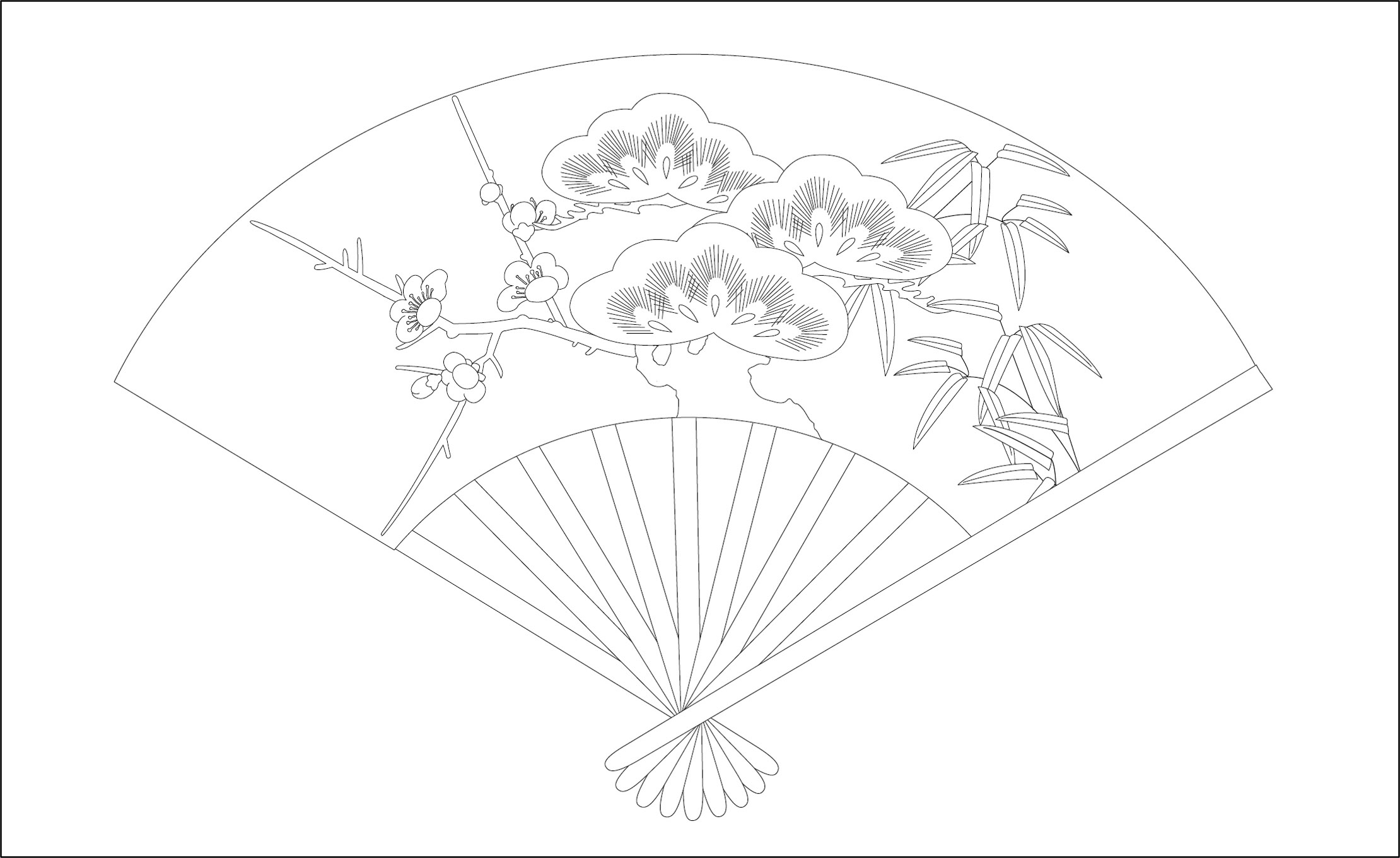 高齢者レク素材 扇 松竹梅定番塗り絵介護レク広場レク素材やレクネタ企画書の無料ダウンロード